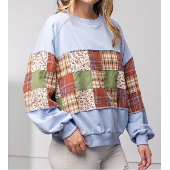 easel | Tops | Easel Patchworks Oversized Crew Neck Sweatshirt In Sky ...